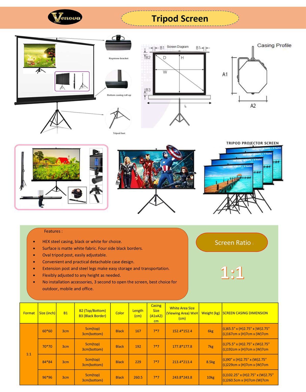Venova Tripod Screen 84" x 84" (7' x 7') Matt White - Projector Display